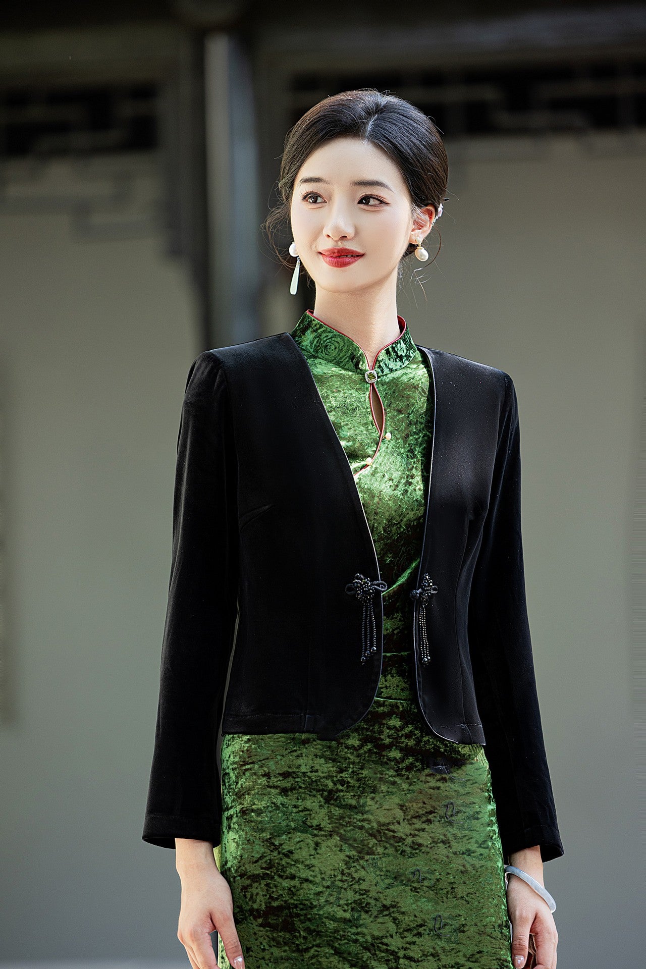 Versatile New-Chinese Qipao Jacket – Fitted V-Neck, Beaded Frogs ...