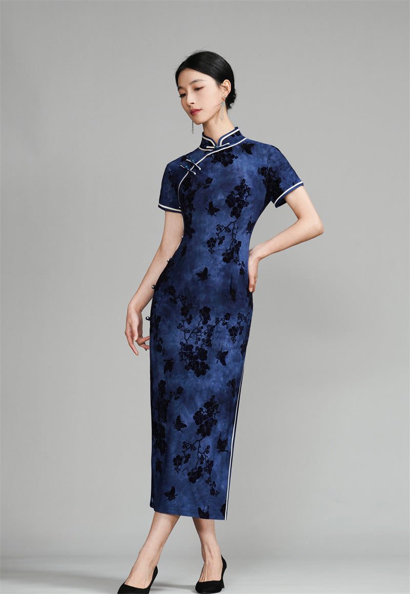 Vintage Chinese Plus-size Qipao – Indigo Maxi with Mandarin Collar ...